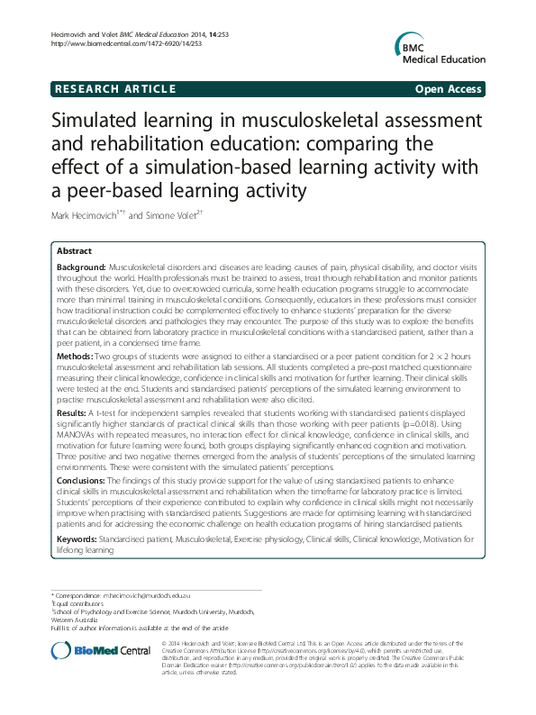 Pdf Simulated Learning In Musculoskeletal Assessment And Rehabilitation Education Comparing 