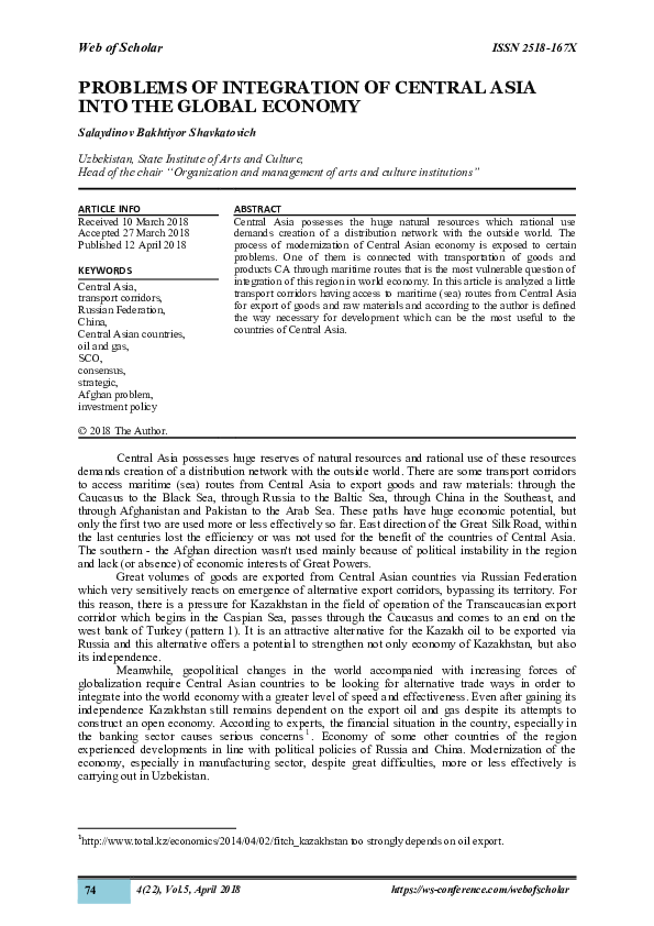 (PDF) PROBLEMS OF INTEGRATION OF CENTRAL ASIA INTO THE GLOBAL ECONOMY