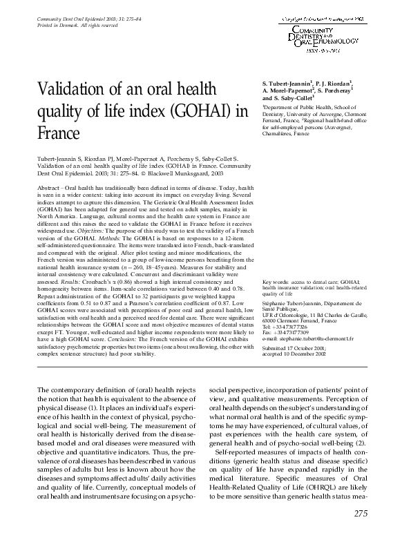 (PDF) Validation of an oral health quality of life index (GOHAI) in France