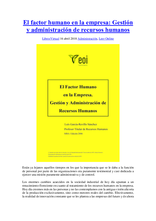 (PDF) El factor humano en la empresa: Gestión y administración de recursos humanos