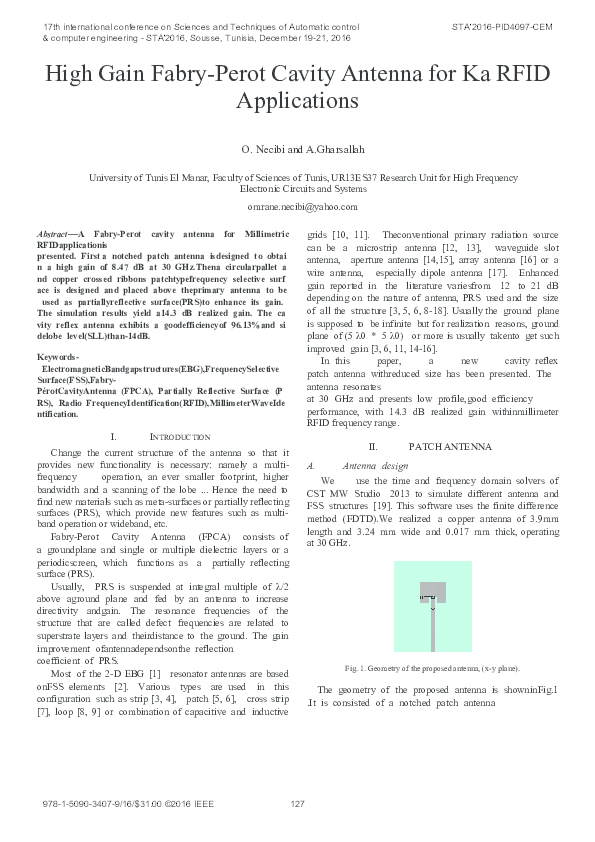 (PDF) High Gain Fabry-Perot Cavity Antenna for Ka RFID Applications