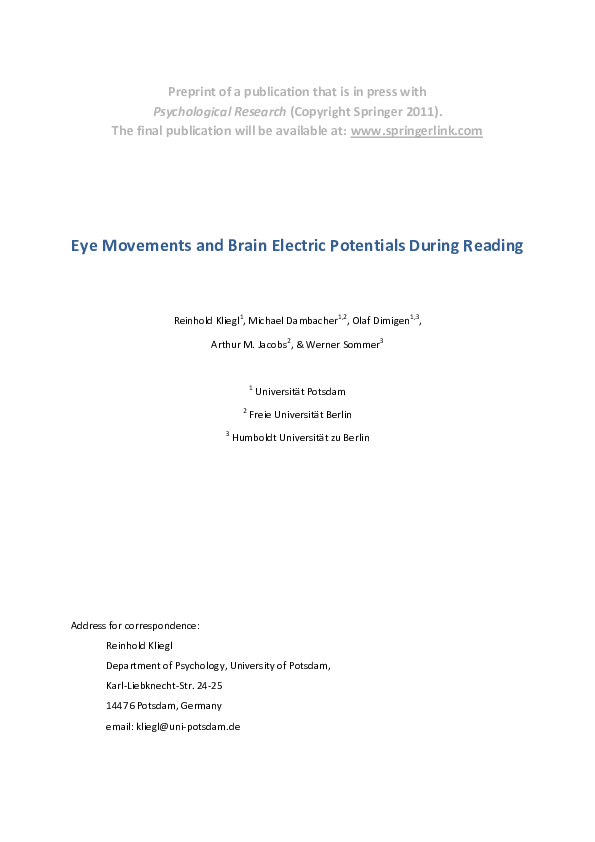 (PDF) Eye Movements and Brain Electric Potentials During Reading