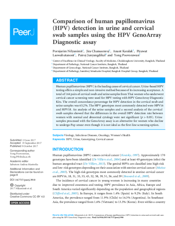 (PDF) Comparison of human papillomavirus (HPV) detection in urine and ...