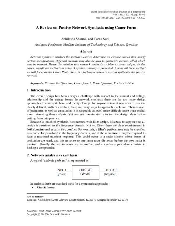 (PDF) A Review on Passive Network Synthesis using Cauer Form