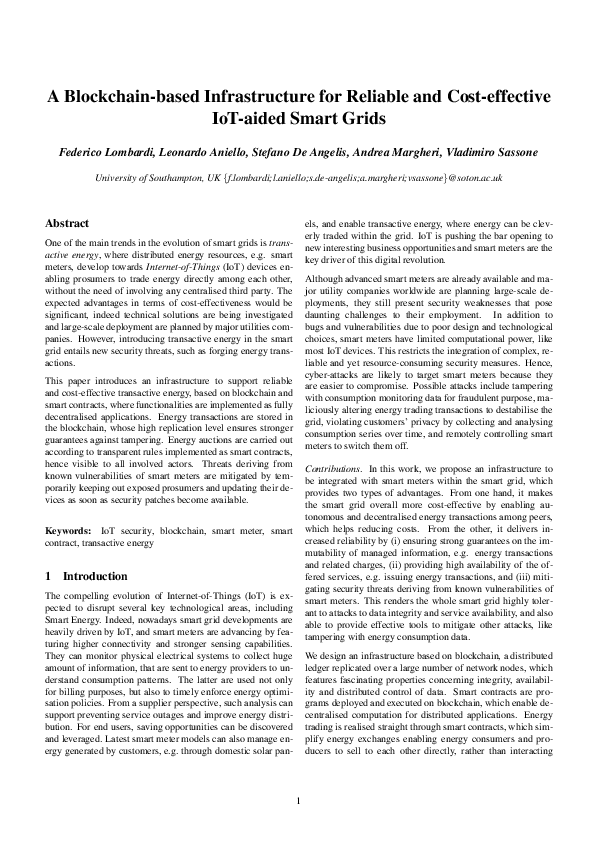 (PDF) A blockchain-based infrastructure for reliable and cost-effective IoT-aided smart grids