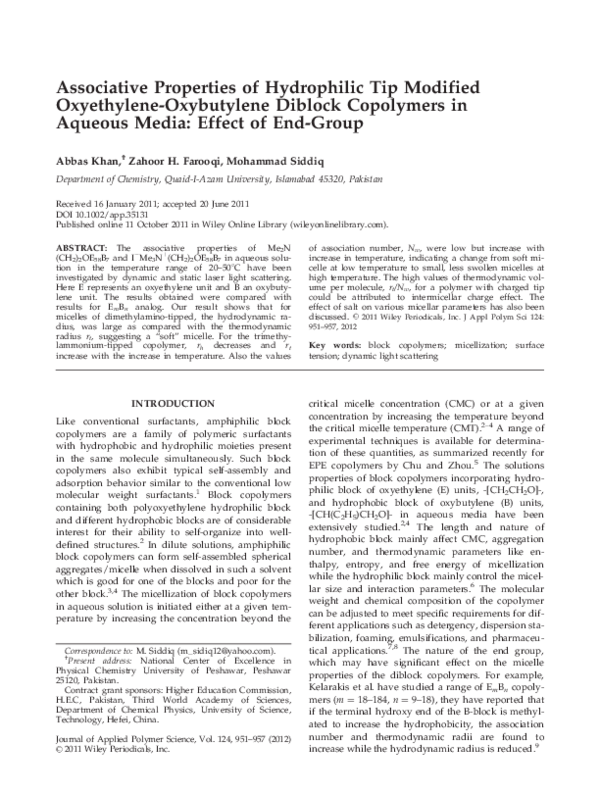 (PDF) Associative properties of hydrophilic tip modified oxyethylene ...
