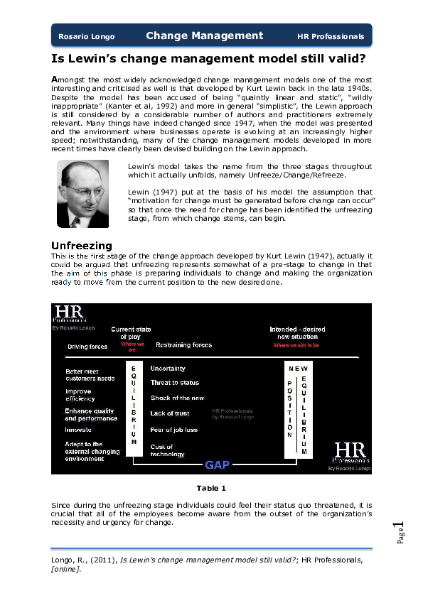 (PDF) Is Lewin's change management model still valid