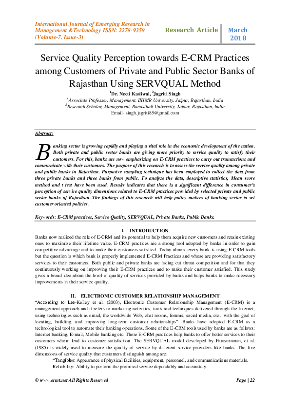 (PDF) Service Quality Perception towards E-CRM Practices among Customers of Private and Public ...