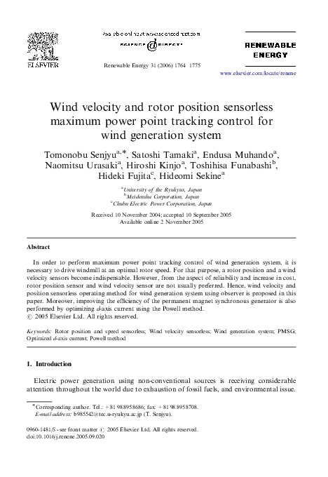 Pdf Wind Velocity And Rotor Position Sensorless Maximum Power Point Tracking Control For Wind 