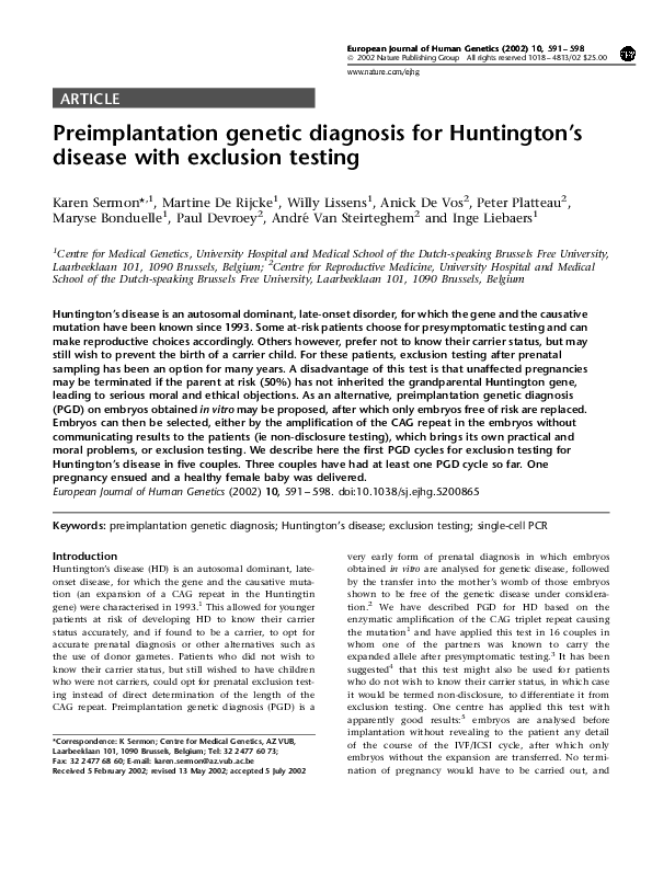 (PDF) Preimplantation genetic diagnosis for Huntington's disease with ...