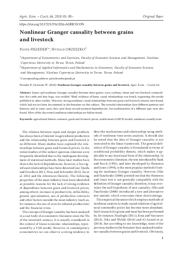 (PDF) Nonlinear Granger Causality between Grains and Livestock | Piotr ...