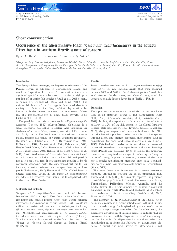 (PDF) Occurrence of the alien invasive loach Misgurnus anguillicaudatus ...