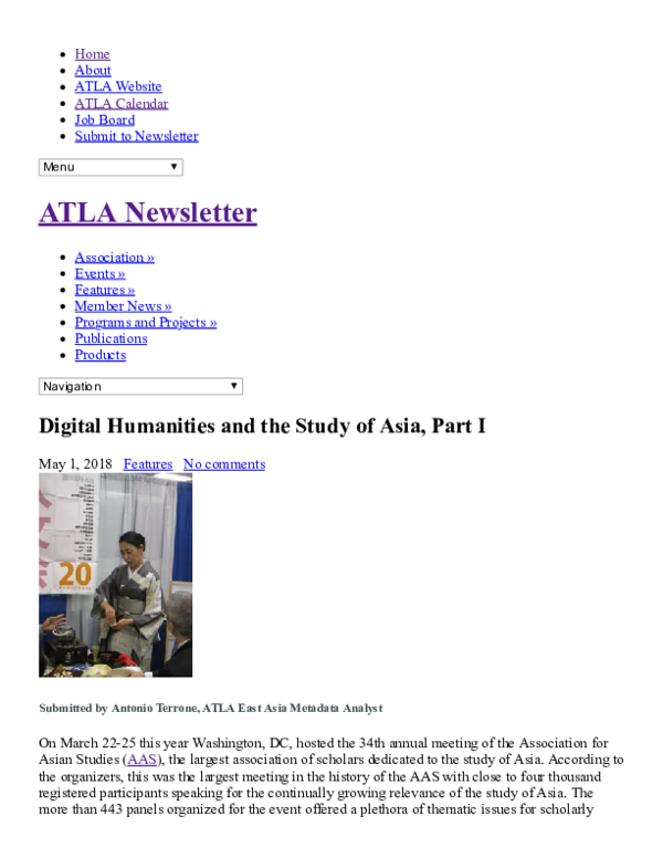 (PDF) Digital Humanities and the Study of Asia Part I ATLA Newsletter