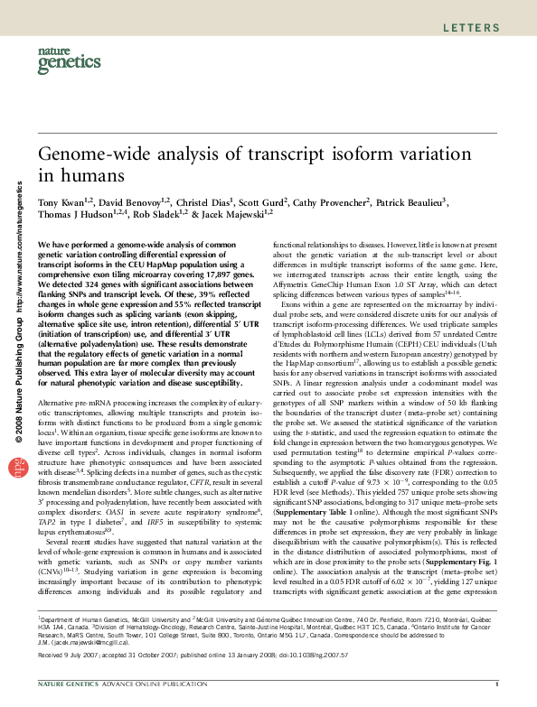 (PDF) Genome-wide analysis of transcript isoform variation in humans