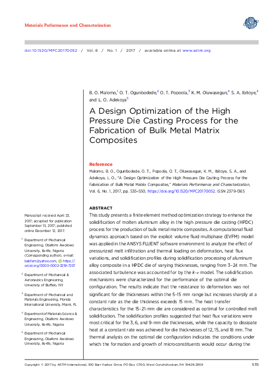 (PDF) A Design Optimization of the High Pressure Die Casting Process for the Fabrication of Bulk ...
