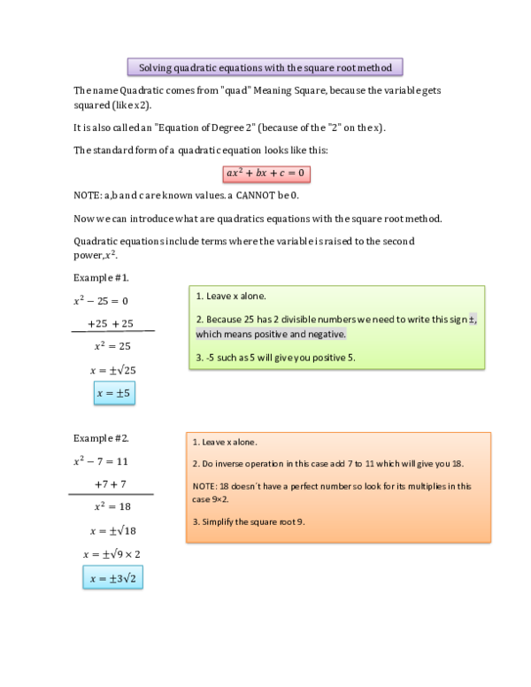 (DOC) Solving quadratic equations with the square root method