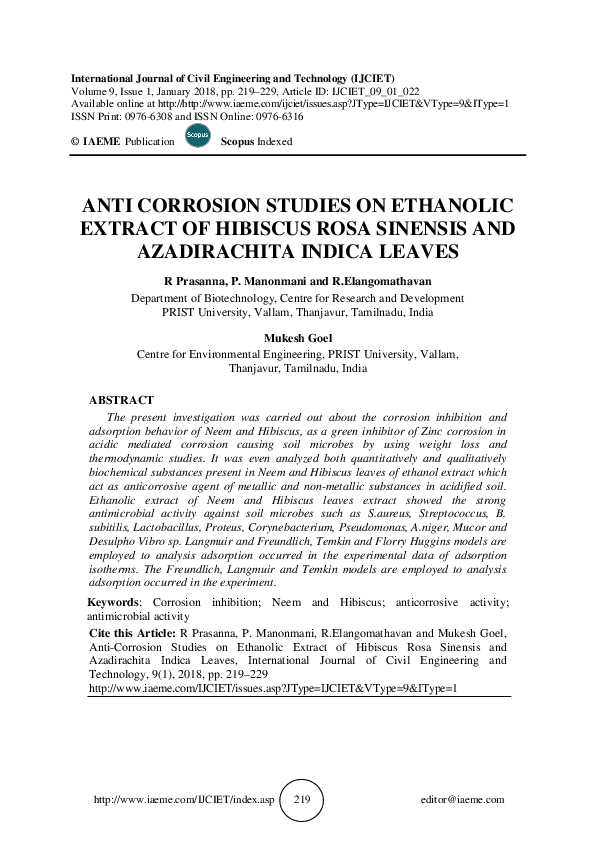 (PDF) ANTI CORROSION STUDIES ON ETHANOLIC EXTRACT OF HIBISCUS ROSA ...