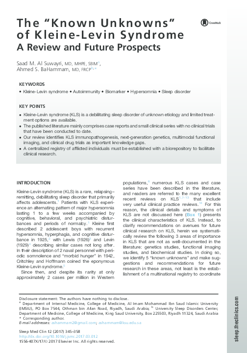 (PDF) The " Known Unknowns " of Kleine-Levin Syndrome A Review and ...