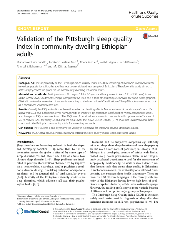 (PDF) Validation of the Pittsburgh sleep quality index in community ...