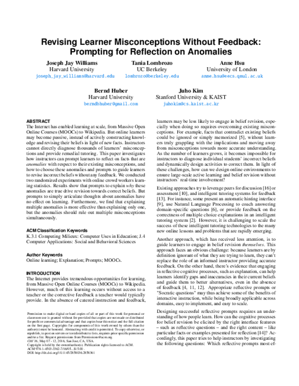 (PDF) Revising Learner Misconceptions Without Feedback: Prompting for Reflection on Anomalies