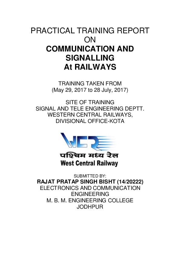(DOC) PRACTICAL TRAINING REPORT ON COMMUNICATION AND SIGNALLING At RAILWAYS