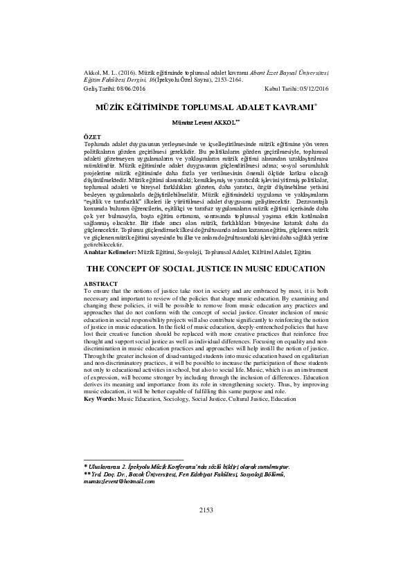 (PDF) MÜZİK EĞİTİMİNDE TOPLUMSAL ADALET KAVRAMI * THE CONCEPT OF SOCIAL ...