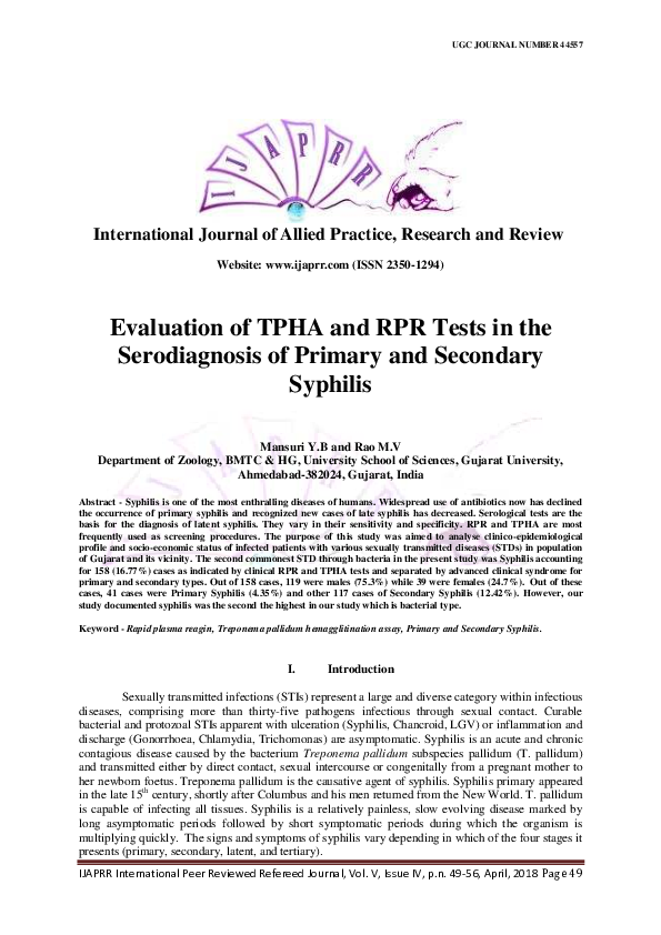 (PDF) Evaluation of TPHA and RPR Tests in the Serodiagnosis of Primary ...