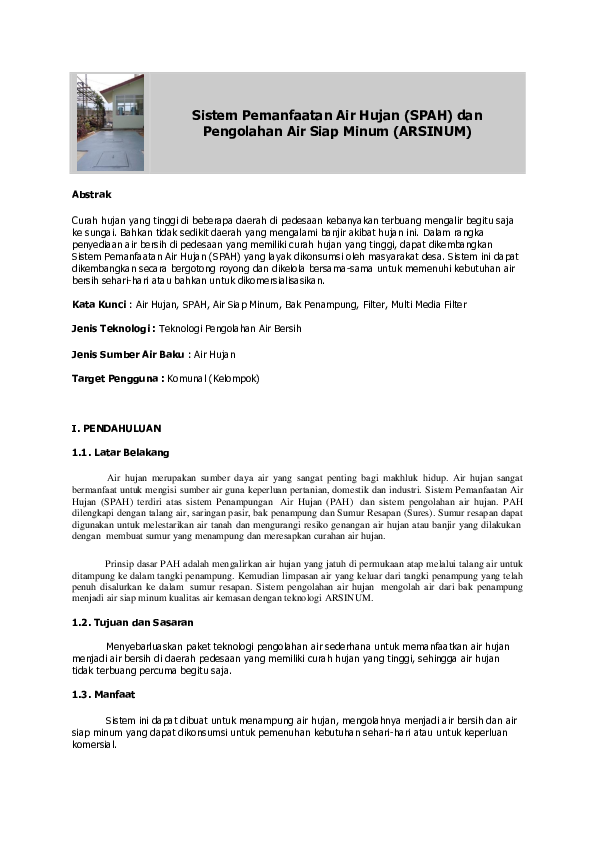 (DOC) Sistem Pemanfaatan Air Hujan (SPAH) dan Pengolahan Air Siap Minum (ARSINUM
