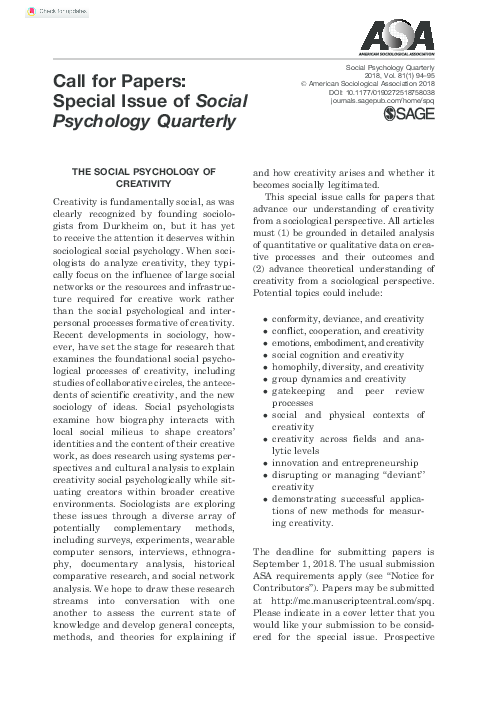 (PDF) Call for Papers: Special Issue of Social Psychology Quarterly on ...