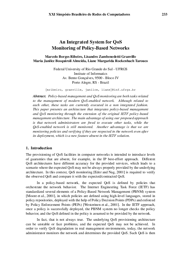 Pdf An Integrated System For Qos Monitoring Of Policy Based Networks