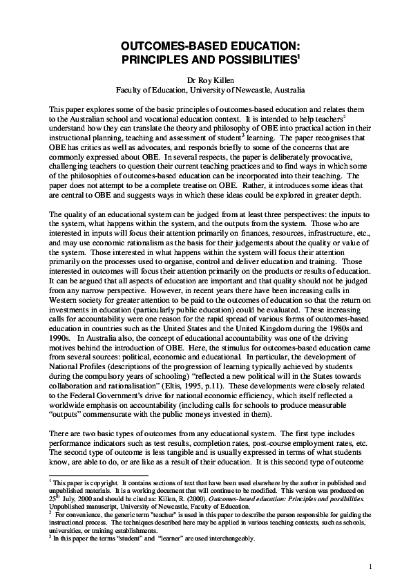 (PDF) OUTCOMES-BASED EDUCATION: PRINCIPLES AND POSSIBILITIES