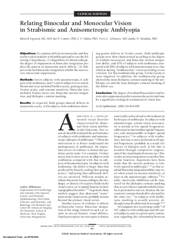(PDF) Relating Binocular and Monocular Vision in Strabismic and Anisometropic Amblyopia