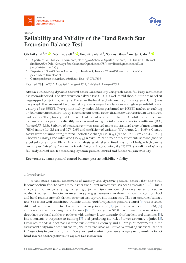 (PDF) Reliability and Validity of the Hand Reach Star Excursion Balance ...