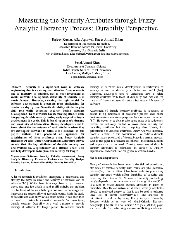 Measuring The Security Attributes Through Fuzzy Analytic Hierarchy Process Durability Perspective