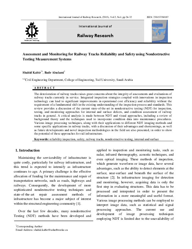 (PDF) International Journal of Railway Research Assessment and ...