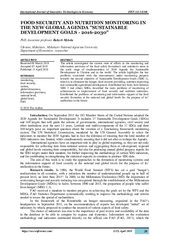 (PDF) FOOD SECURITY AND NUTRITION MONITORING IN THE NEW GLOBAL AGENDA ...