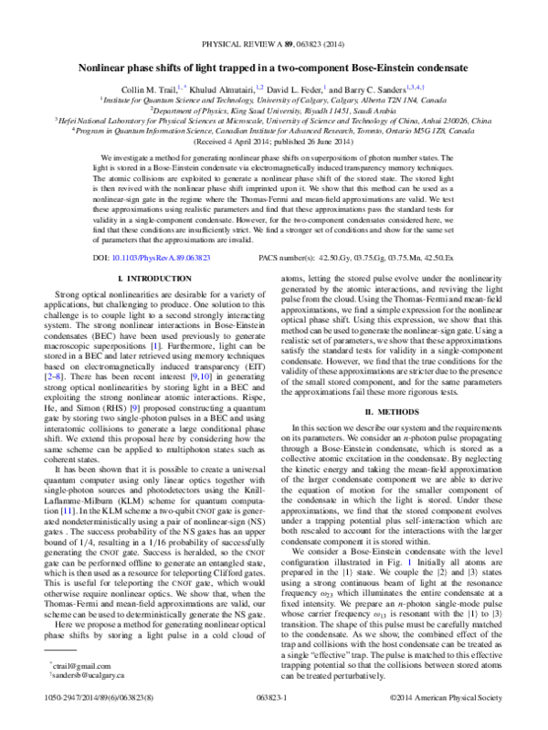 Pdf Nonlinear Phase Shifts Of Light Trapped In A Two Component Bose Einstein Condensate