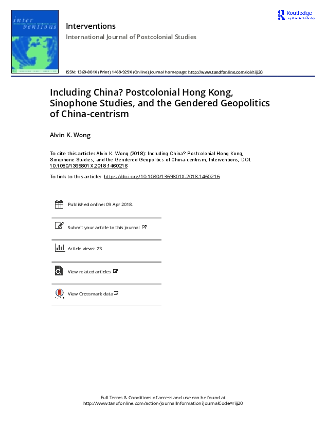 (PDF) Including China? Postcolonial Hong Kong, Sinophone Studies, and ...