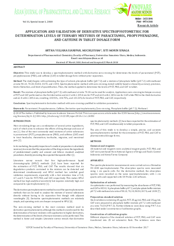 Pdf Application And Validation Of Derivative Spectrophotometric For
