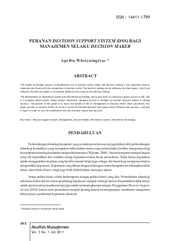 Pdf Peranan Decision Support System Dss Bagi Manajemen Selaku Decision Maker