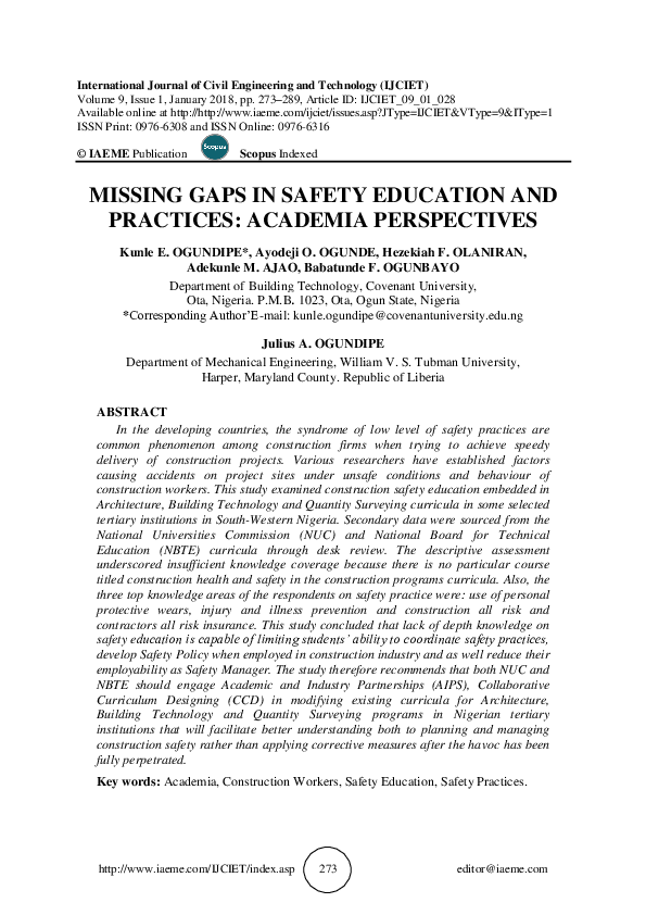 (PDF) MISSING GAPS IN SAFETY EDUCATION AND PRACTICES: ACADEMIA PERSPECTIVES
