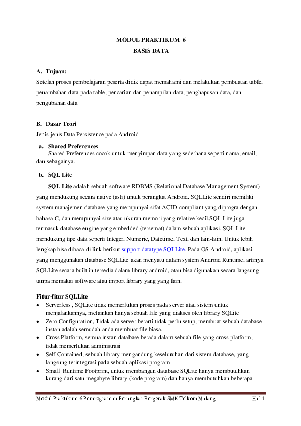 (PDF) Modul Praktikum Basisdata Mobile (Pemrograman Perangkat Bergerak)