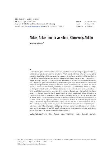 (PDF) İş Ahlakı Dergisi(8/1) Ahlak, Ahlak Teorisi ve Bilimi, Bilim ve İş Ahlakı