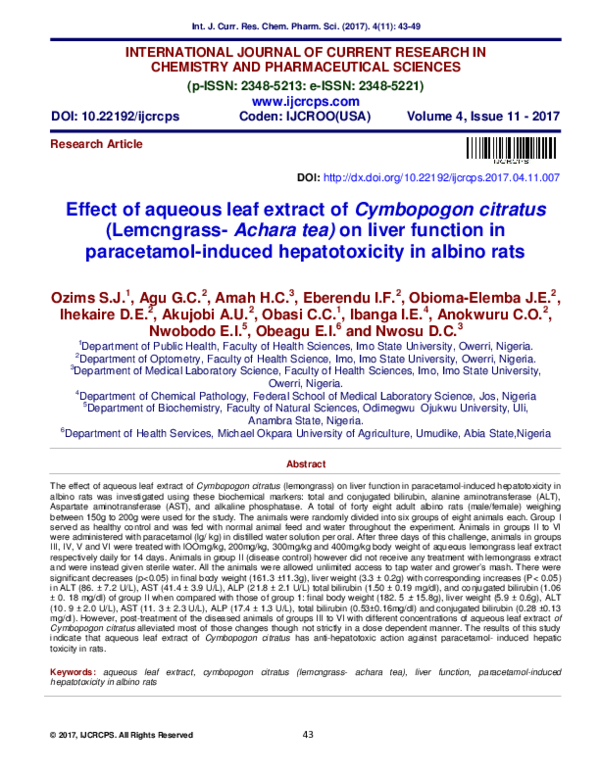 (PDF) Effect of aqueous leaf extract of Cymbopogon citratus.pdf | PROF. EMMANUEL I F E A N Y I ...