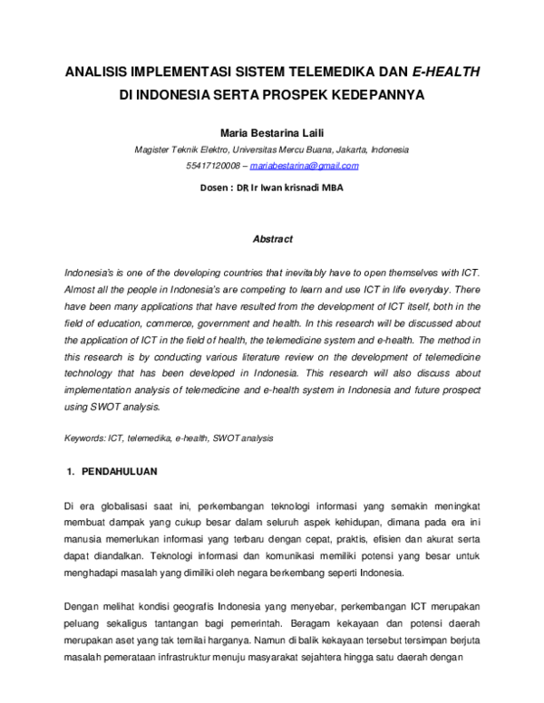(PDF) ANALISIS IMPLEMENTASI SISTEM TELEMEDIKA DAN E-HEALTH DI INDONESIA ...