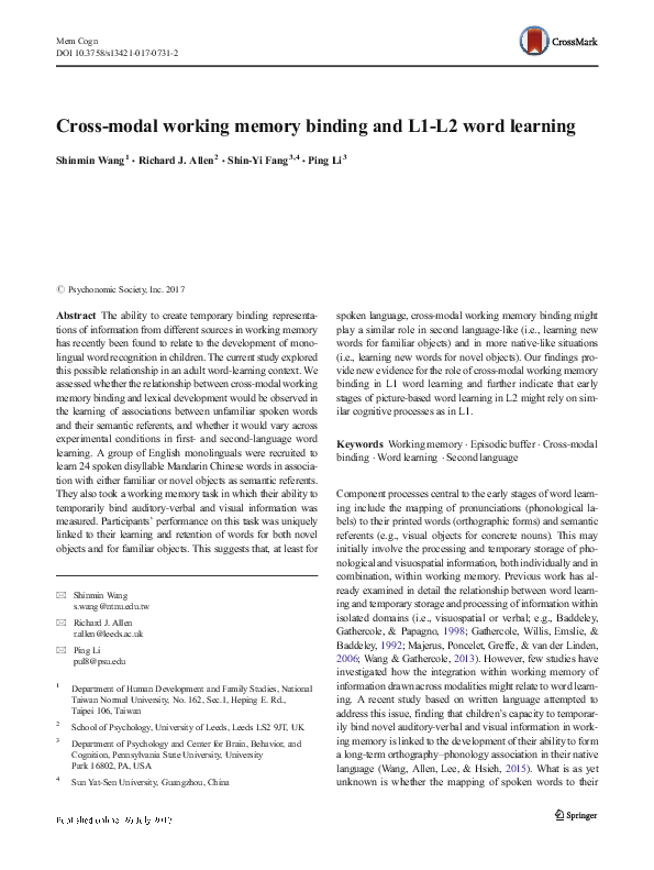 Pdf Cross Modal Working Memory Binding And L1 L2 Word Learning