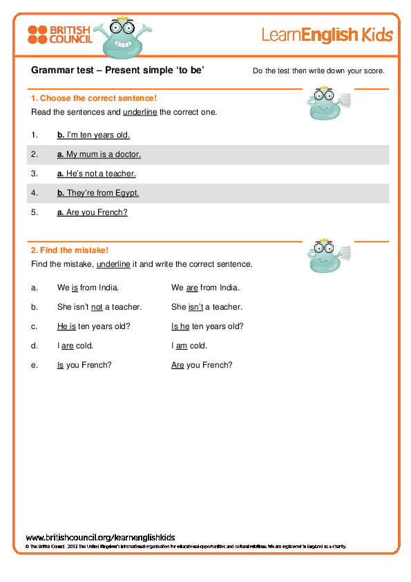 (PDF) Grammar test – Present simple 'to be'