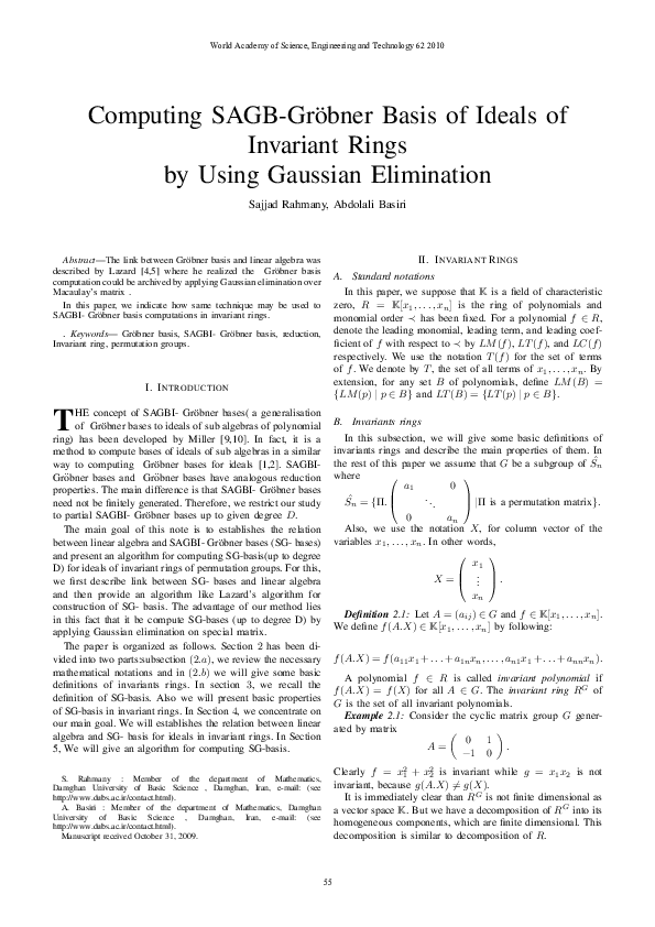 Pdf Computing Sagb Grobner Basis Of Ideals Of Invariant Rings By Using Gaussian Elimination