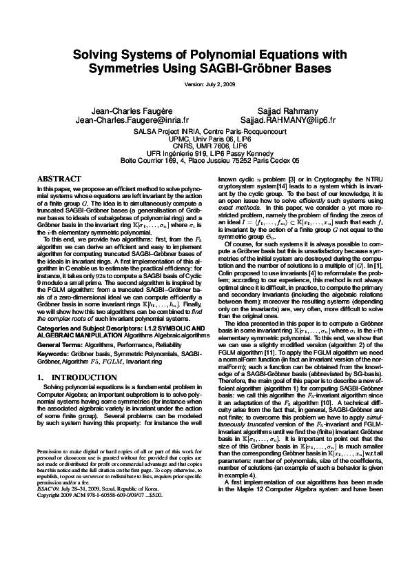 (PDF) Solving systems of polynomial equations with symmetries using SAGBI-Gröbner bases
