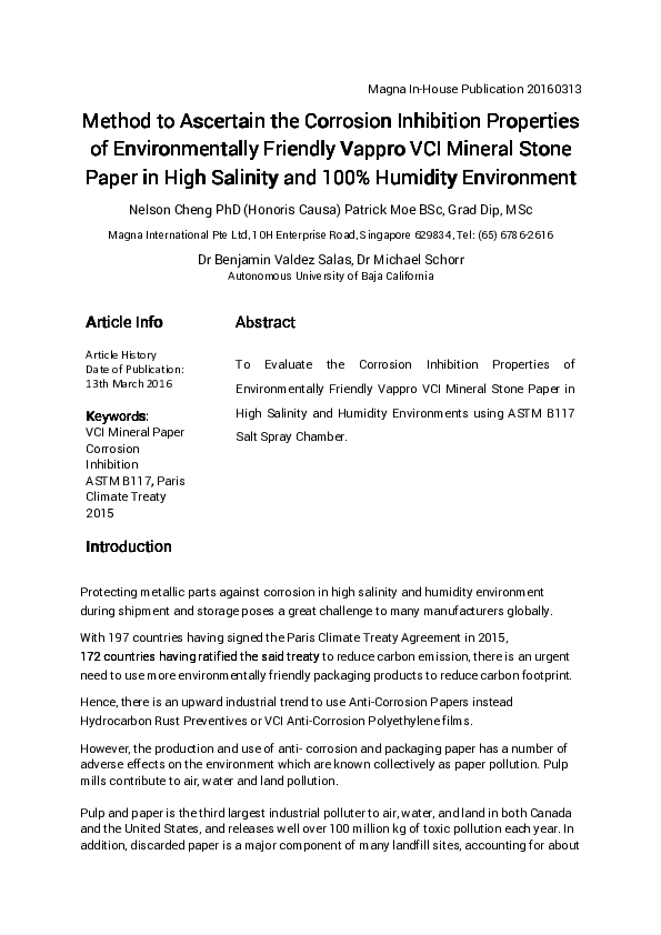 (PDF) Evaluating Vappro 830 in High Salinity Corrosion